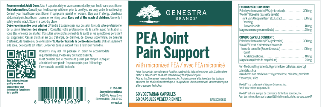 PEA Joint Pain Support 60 Veg Capsules Genestra - Bodycrafters